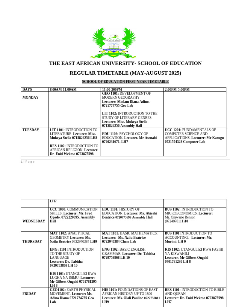 East African University Education Timetable | PDF | Science | Liberal ...
