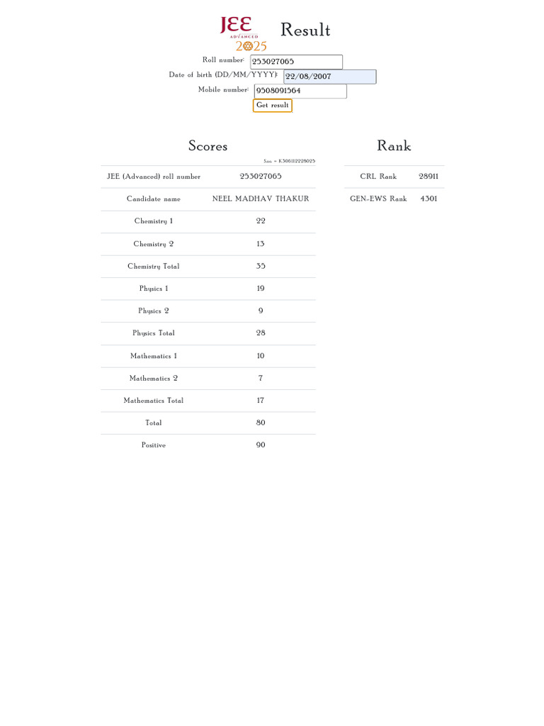 JEE (Advanced) 2025 Result | PDF