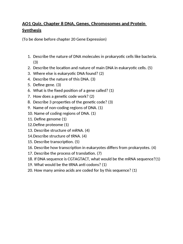 Topic 8 DNA to Protein Synthesis AO1 Quiz | PDF | Messenger Rna | Gene