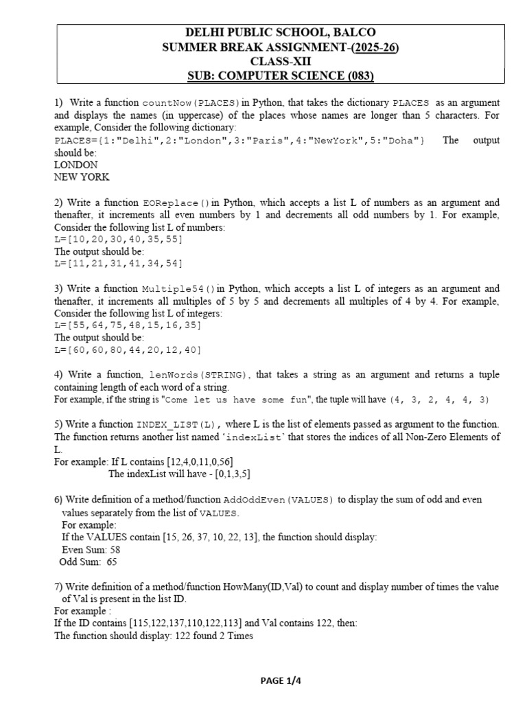 Summer Break Assignment Xii Cs 2025 26 | PDF | Function (Mathematics) | Python (Programming ...