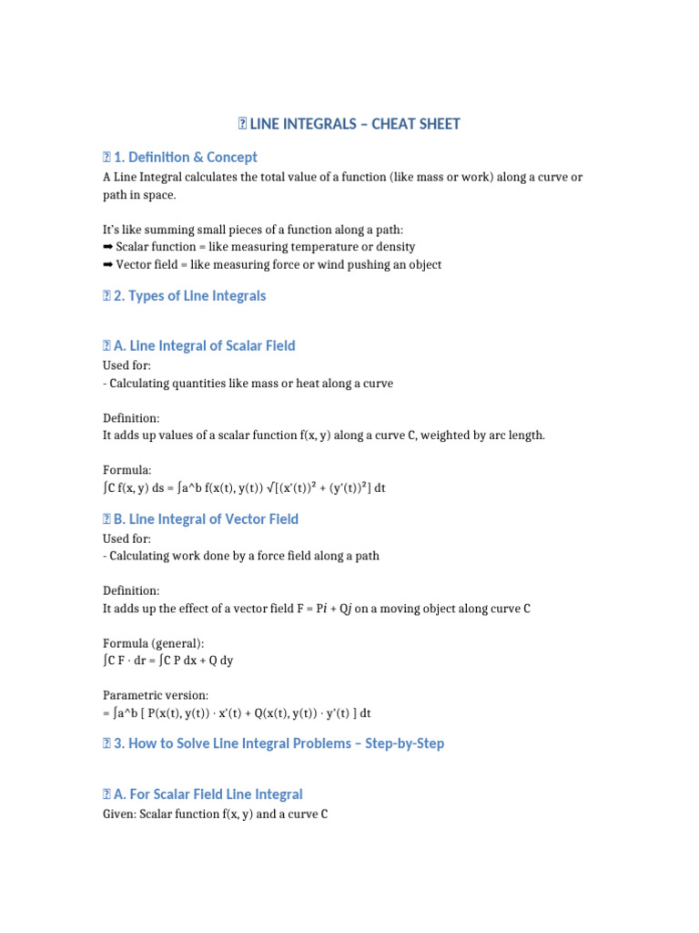 Line Integral Cheat Sheet | PDF