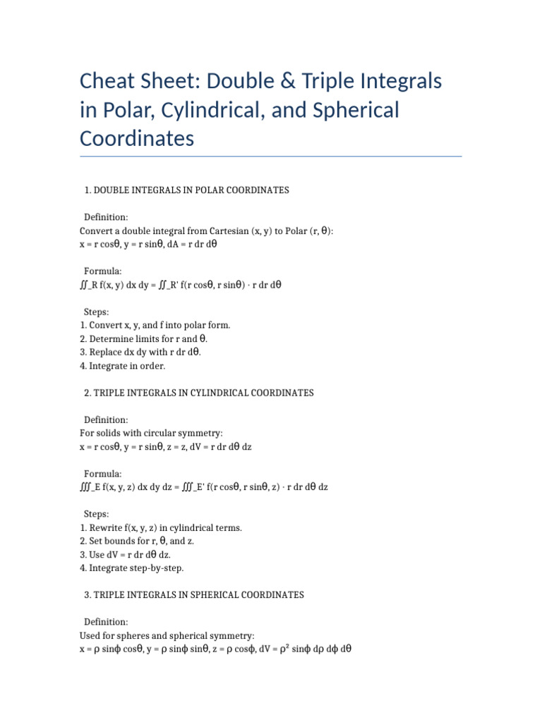 Multiple Integrals Coordinate CheatSheet | PDF