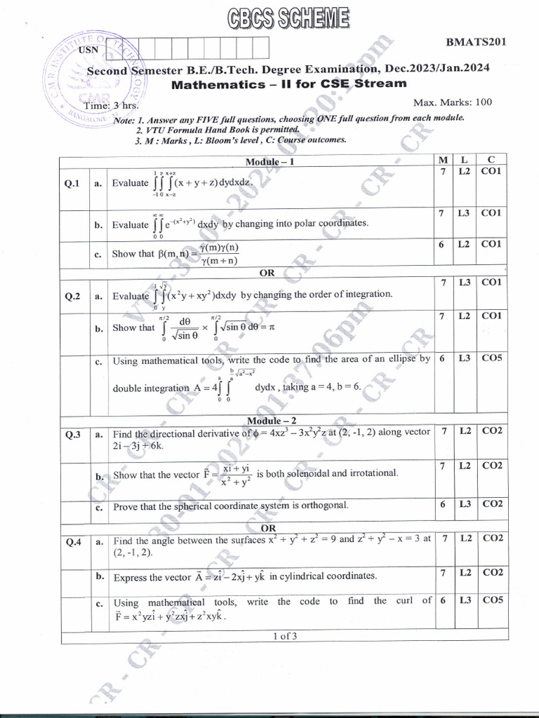VTU Question Paper of BMATS201 Mathematics-II For CSE Stream Jan-Fab ...