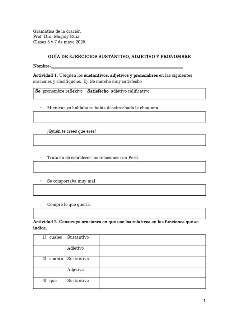 GUÍA DE EJERCICIOS Gramática de La Oración | PDF