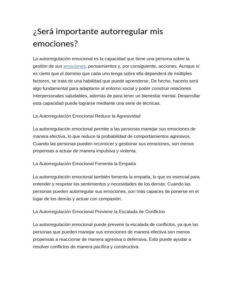 Importancia de la Autorregulación Emocional | PDF | Las emociones ...