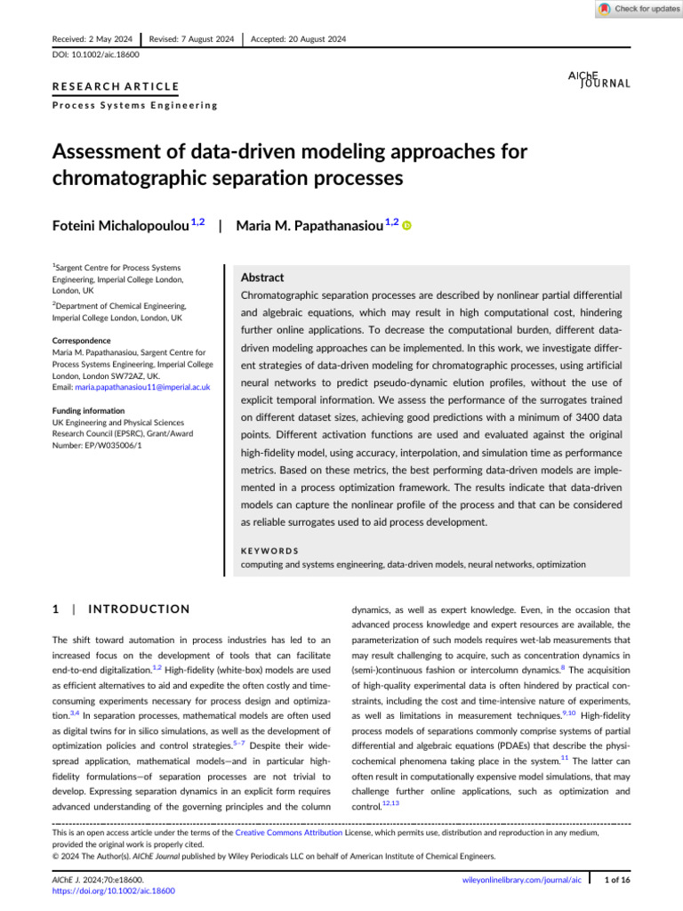 AIChE Journal - 2024 - Michalopoulou - Assessment of Data Driven Modeling Approaches For ...
