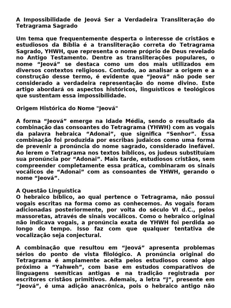 A Impossibilidade de Jeová Ser A Verdadeira Transliteração Do ...
