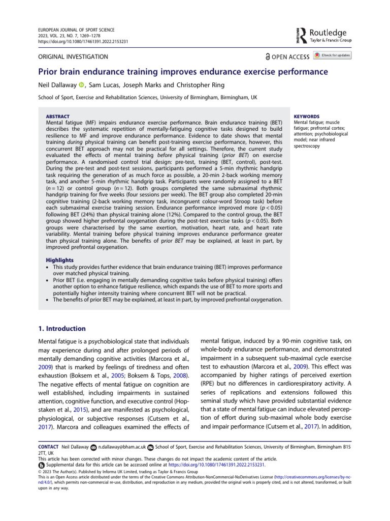 European Journal of Sport Science - 2023 - Dallaway - Prior Brain ...