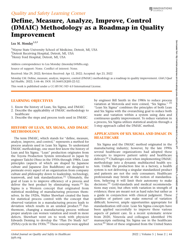 Ref 18 - MONDAY - Define, Measure, Analyze, Improve, Control (DMAIC) Methodology As A Roadmap in ...