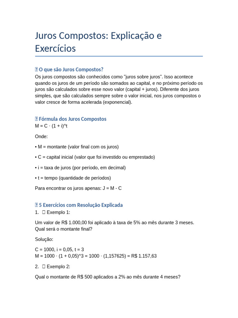 Juros Compostos Explicacao e Exercicios | PDF | Juros | Economias