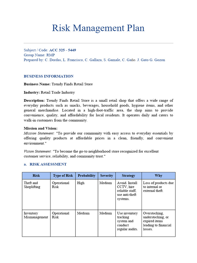 ACC 325 Risk Management Plan | PDF | Point Of Sale | Inventory
