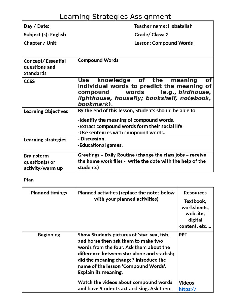 Compound Words Lesson Plan for Grade 2 | PDF | Pedagogy | Teaching