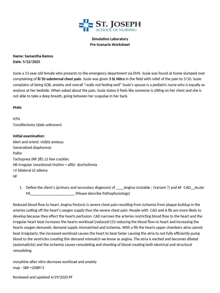 ACS Megacode+Pre Sim+Worksheet | PDF | Heart | Myocardial Infarction
