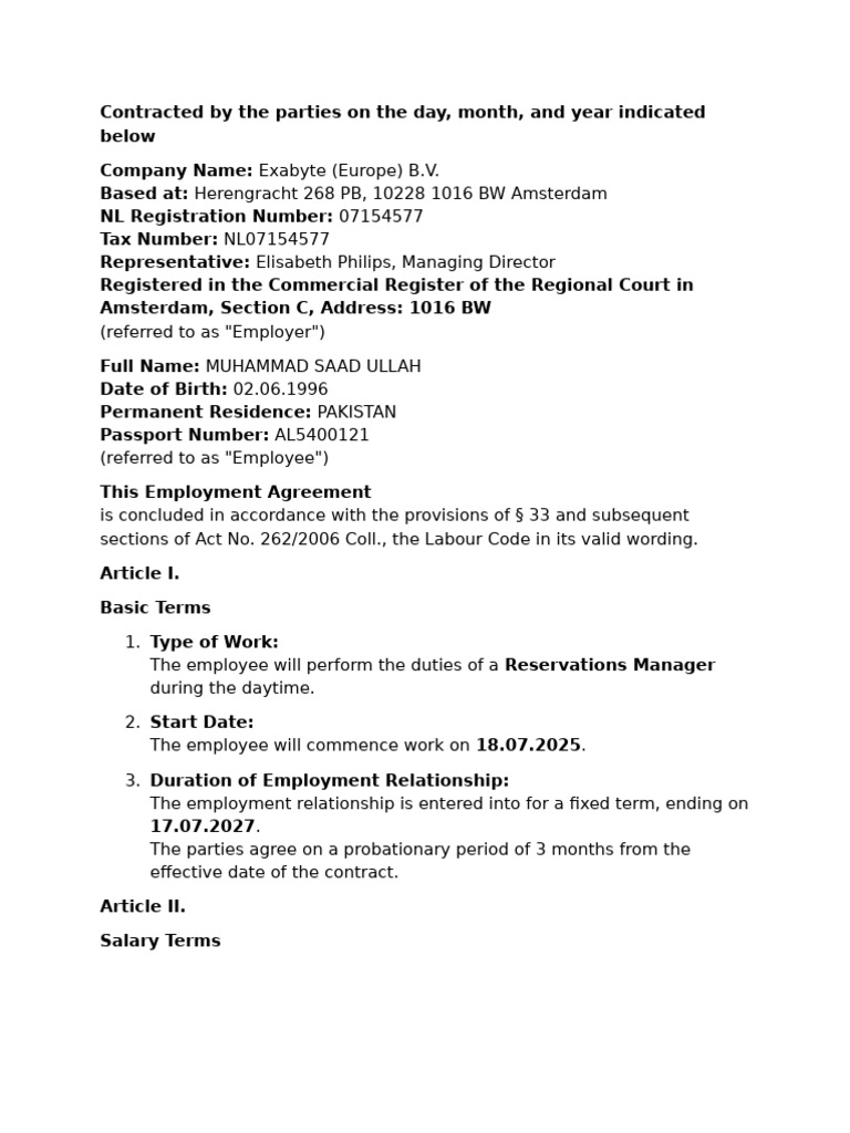 Employment Contract for Reservations Manager | PDF | Employment | Salary