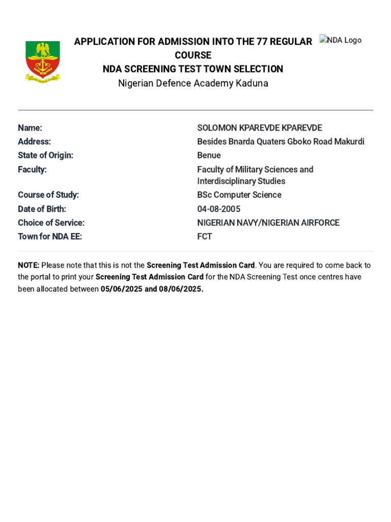 NDA 77 Regular Course Application | PDF