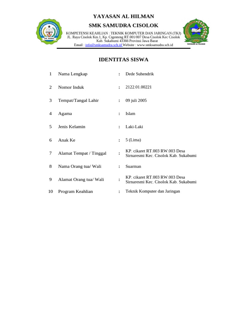 Lembar Identitas Siswa | PDF