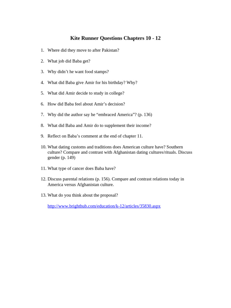 Kite Runner Chapters 10-13 Questions | PDF