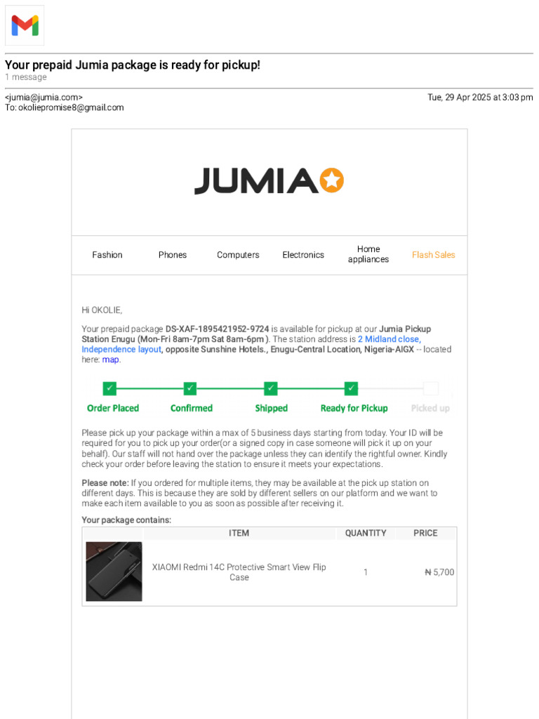 Gmail - Your Prepaid Jumia Package Is Ready For Pickup! | PDF
