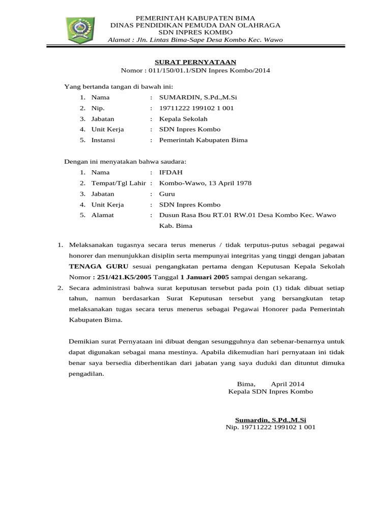 Surat Pernyataan Tugas GTT | PDF