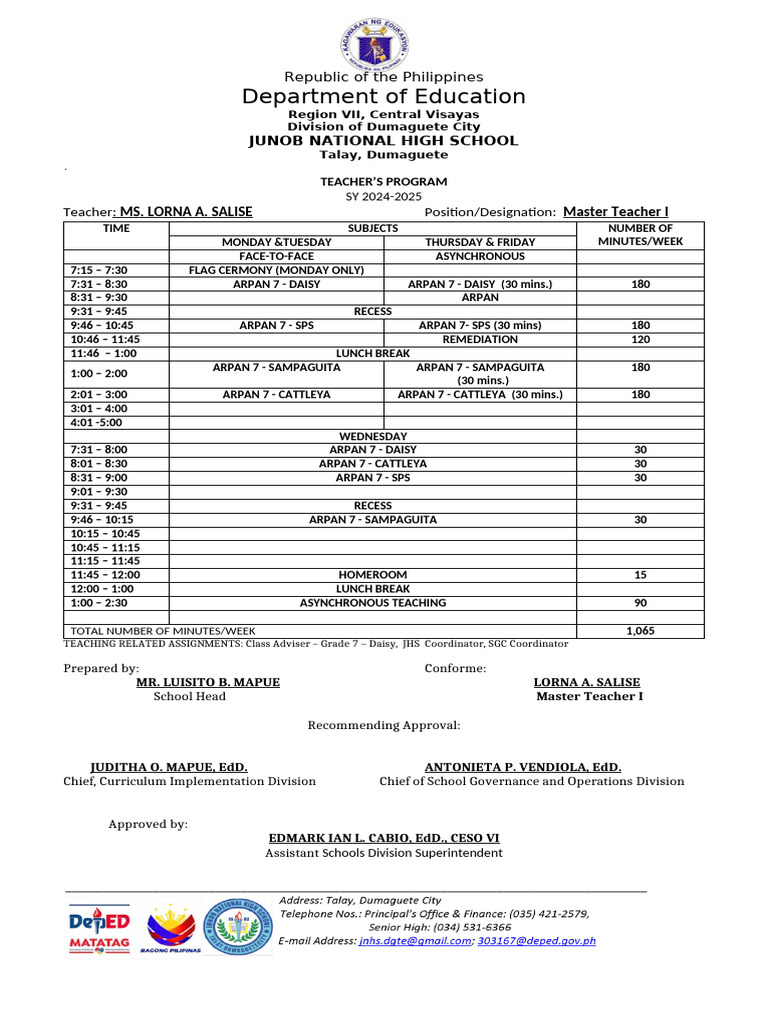 Teacher's Program (Salise) SY 2024 - 2025 | PDF