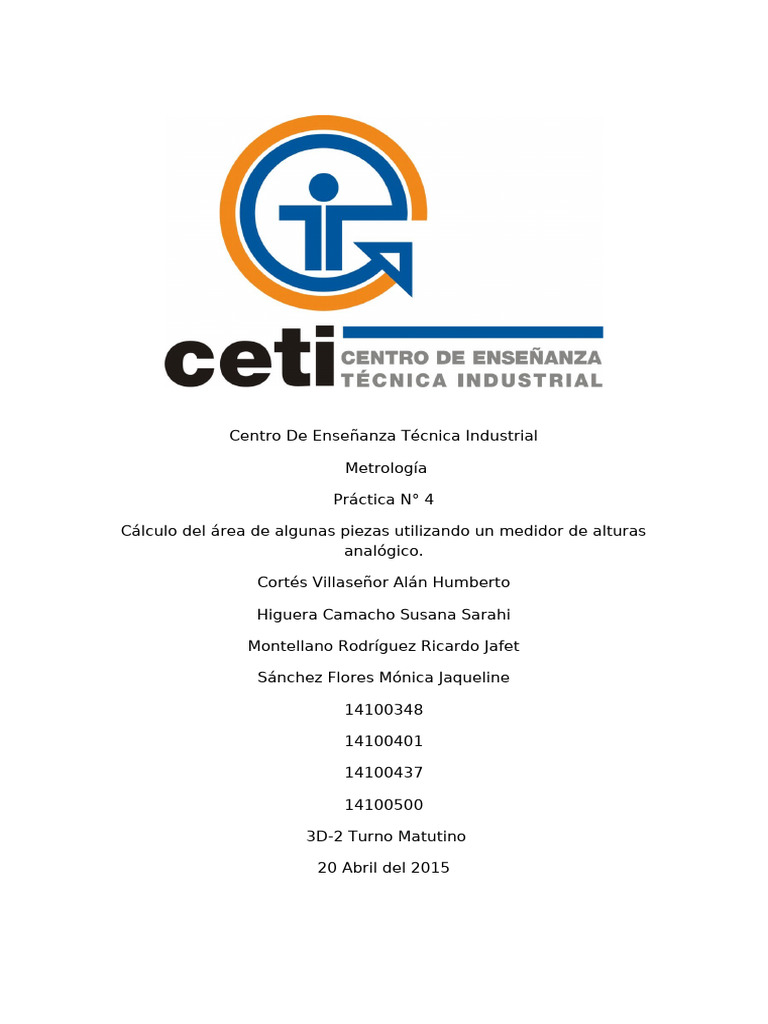Cálculo Del Área de Algunas Piezas Utilizando Un Medidor de Alturas Analógico. | PDF ...