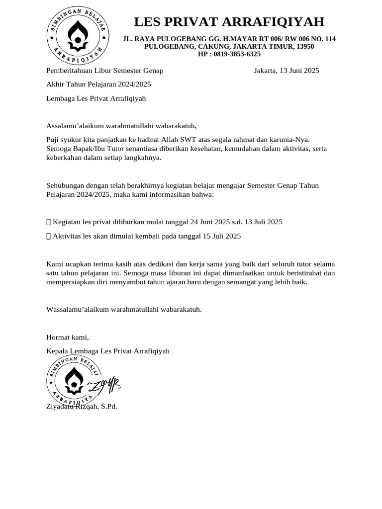 Surat Pemberitahuan Liburan Semester | PDF