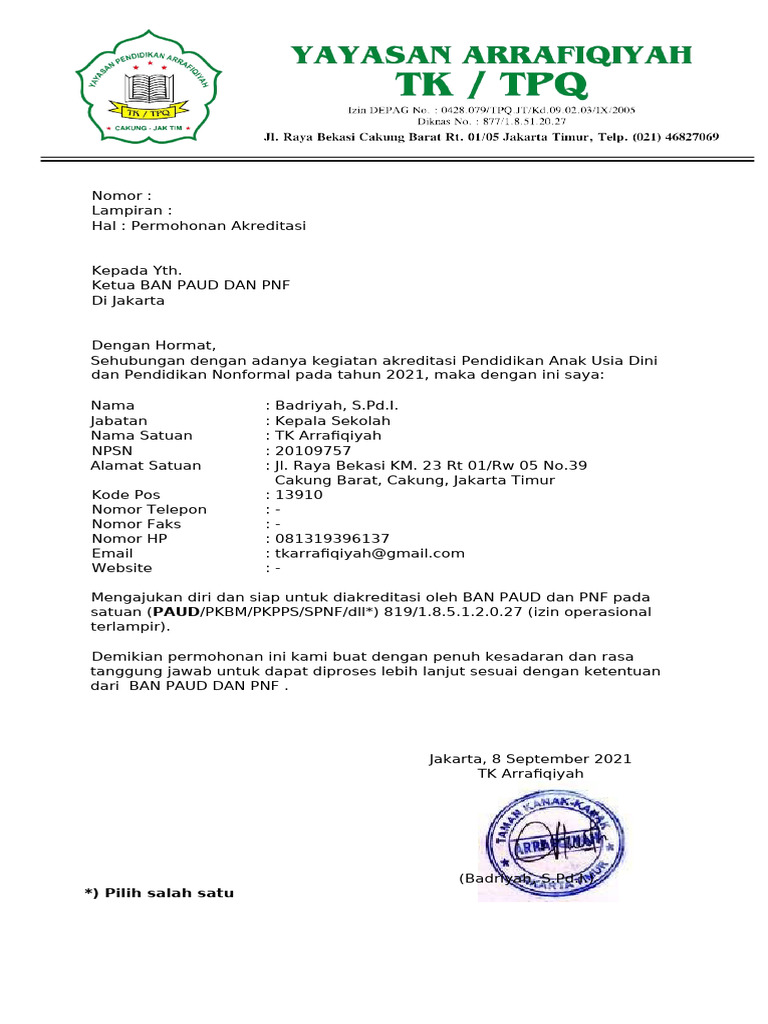 Surat Permohonan Pengajuan Akreditasi TK ARRAFIQIYAH | PDF