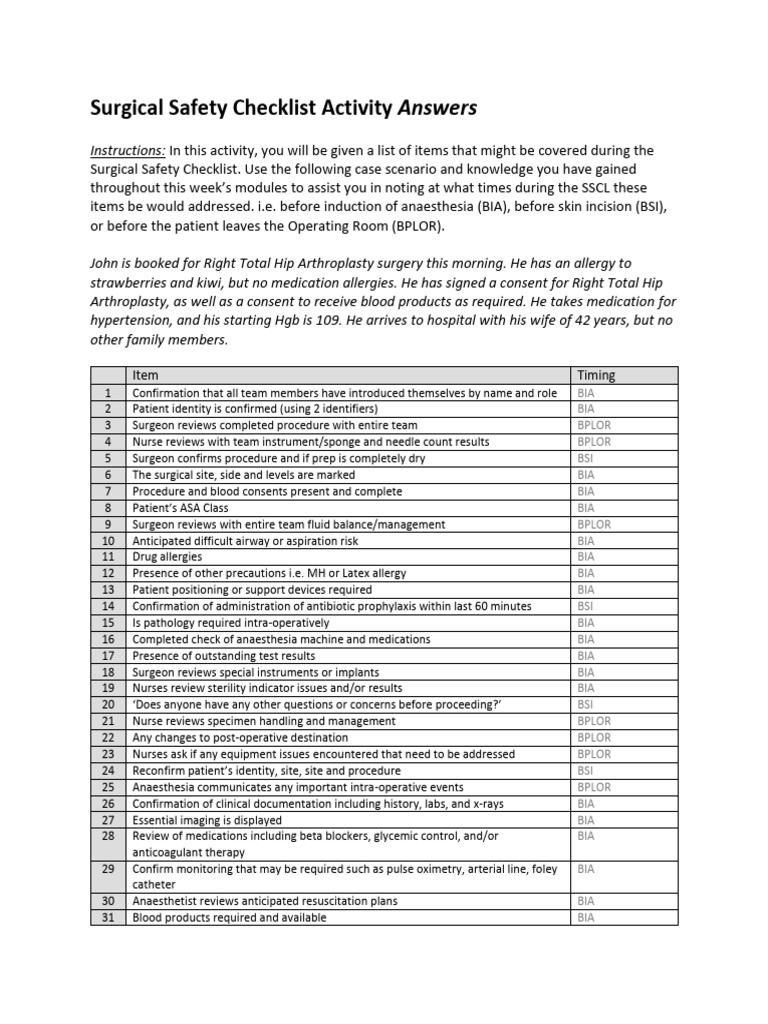 Surgical Safety Checklist Activity Guide | PDF | Surgery | Anesthesia