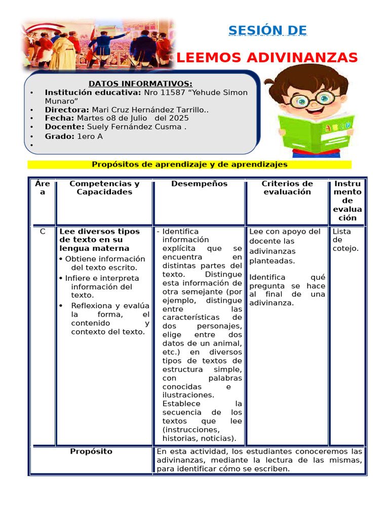 1° Sesión Día 1 Com Leemos Adivinanzas | PDF | Aprendizaje | Información