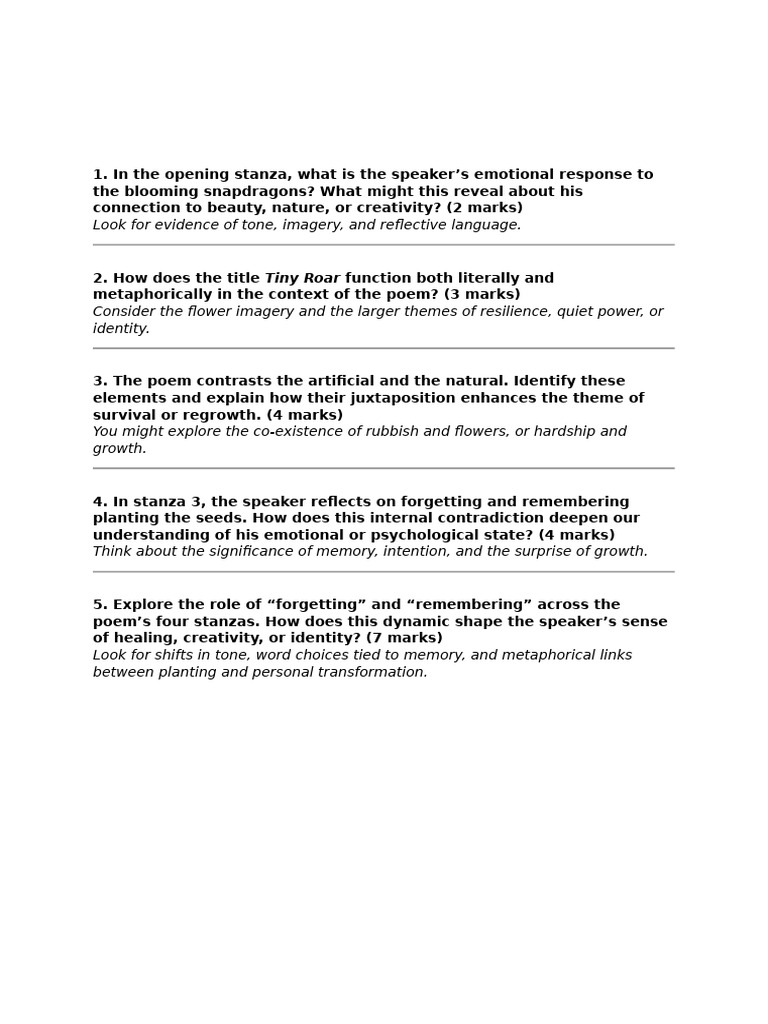 Tiny Roar - Poem Questions | PDF