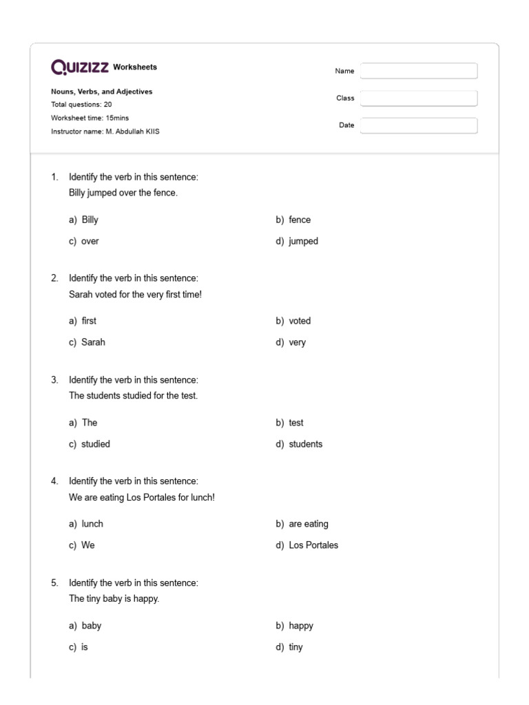 Nouns, Verbs, and Adjectives - Quizizz | PDF | Verb | Semantic Units