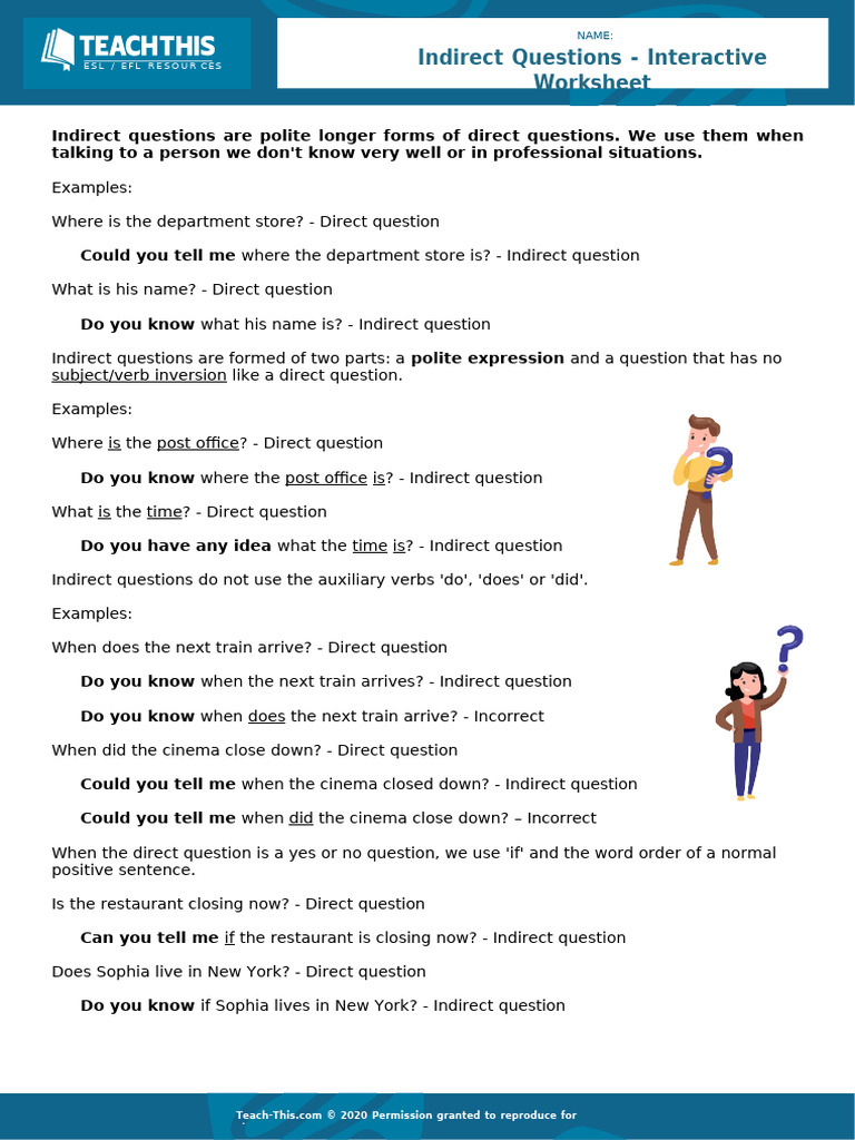 Indirect Questions - Interactive Worksheet | PDF | Question | Language ...
