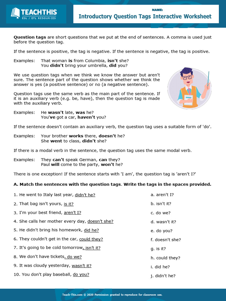 Introductory Question Tags Interactive Worksheet | PDF | Verb ...