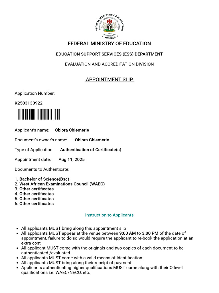 Federal Ministry of Education: Appointment Slip | PDF