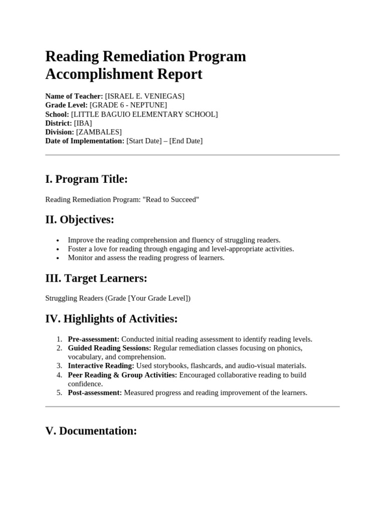 Reading Remediation Program Accomplishment Report | PDF