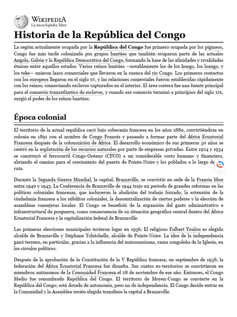 Historia de La República Del Congo - Wikipedia, La Enciclopedia Libre ...
