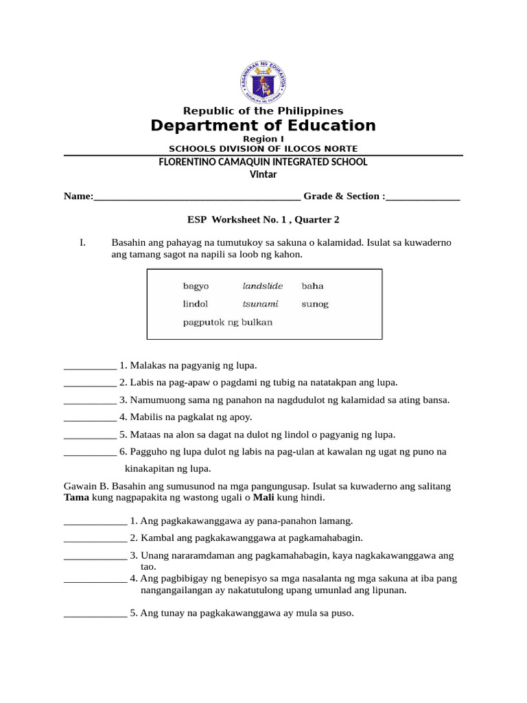 Q2 Worksheet 1 Grade 5 | PDF
