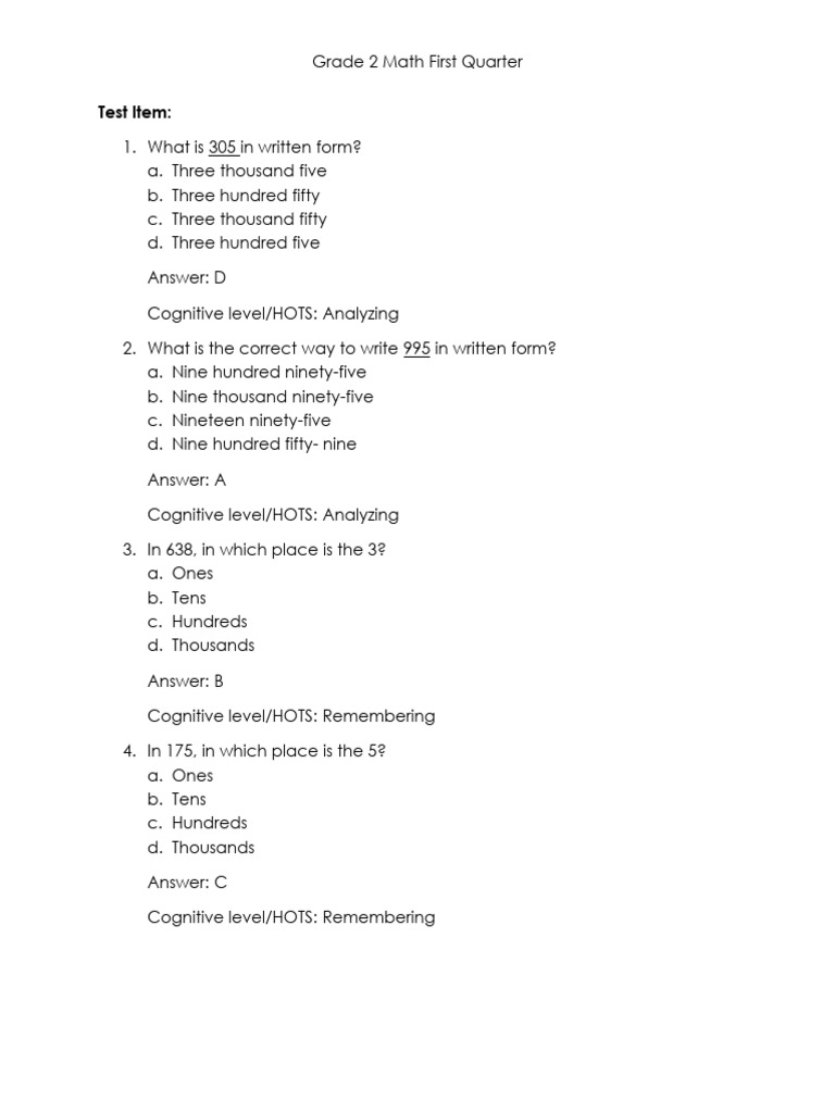 Grade 2 Math Exam: 1st Quarter | PDF