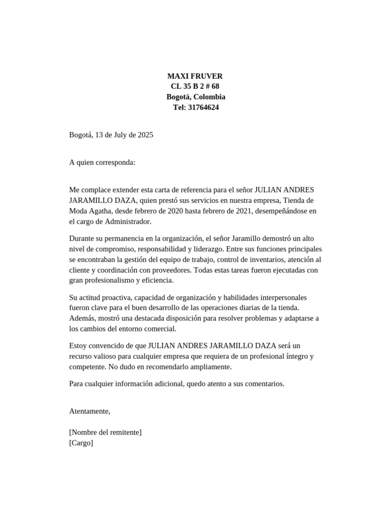 Carta Referencia Laboral 2 | PDF