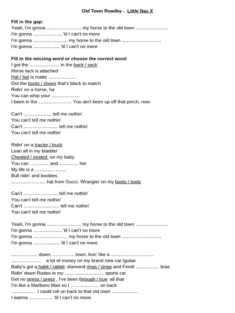 Old Town Road Worksheet Activities With Music Songs Nursery Rhymes ...