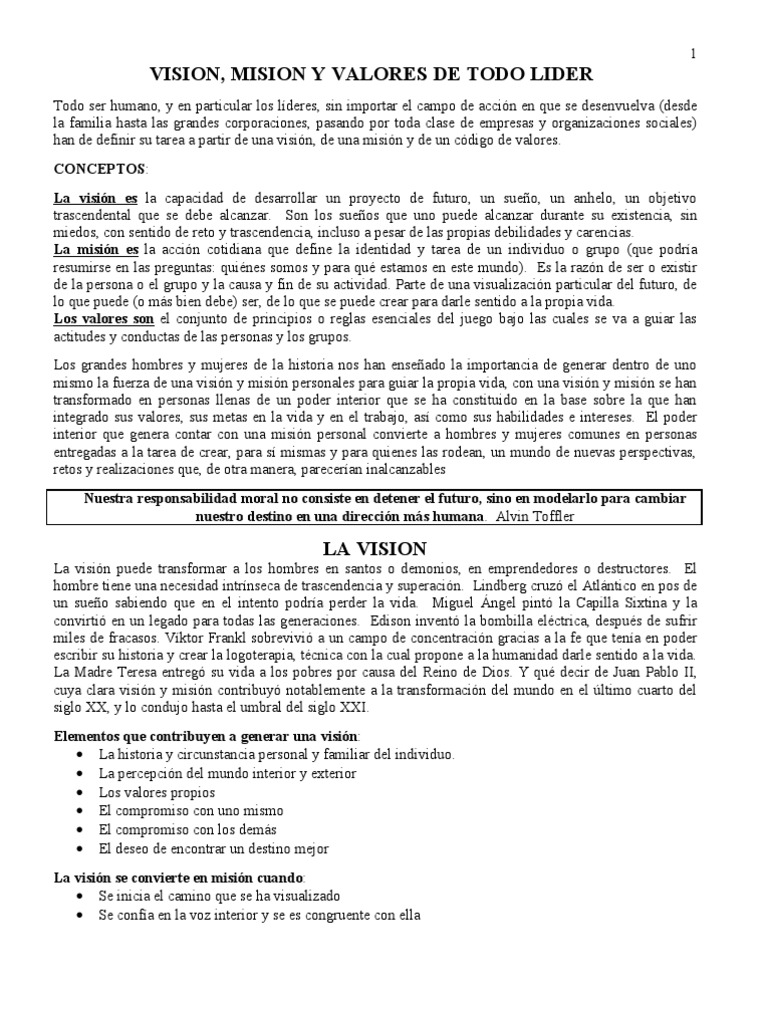 Vision y Mision Del Lider | PDF | Liderazgo | Homo Sapiens