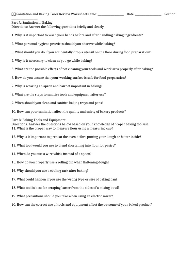 Sanitation and Baking Tools Review Worksheet | PDF