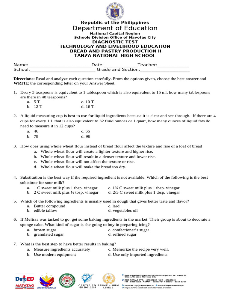 Diagnostic Test for Bread and Pastry Production | PDF | Breads | Baking