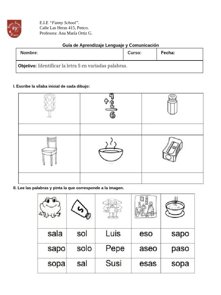 Guía de Aprendizaje: Letra S en Palabras | PDF