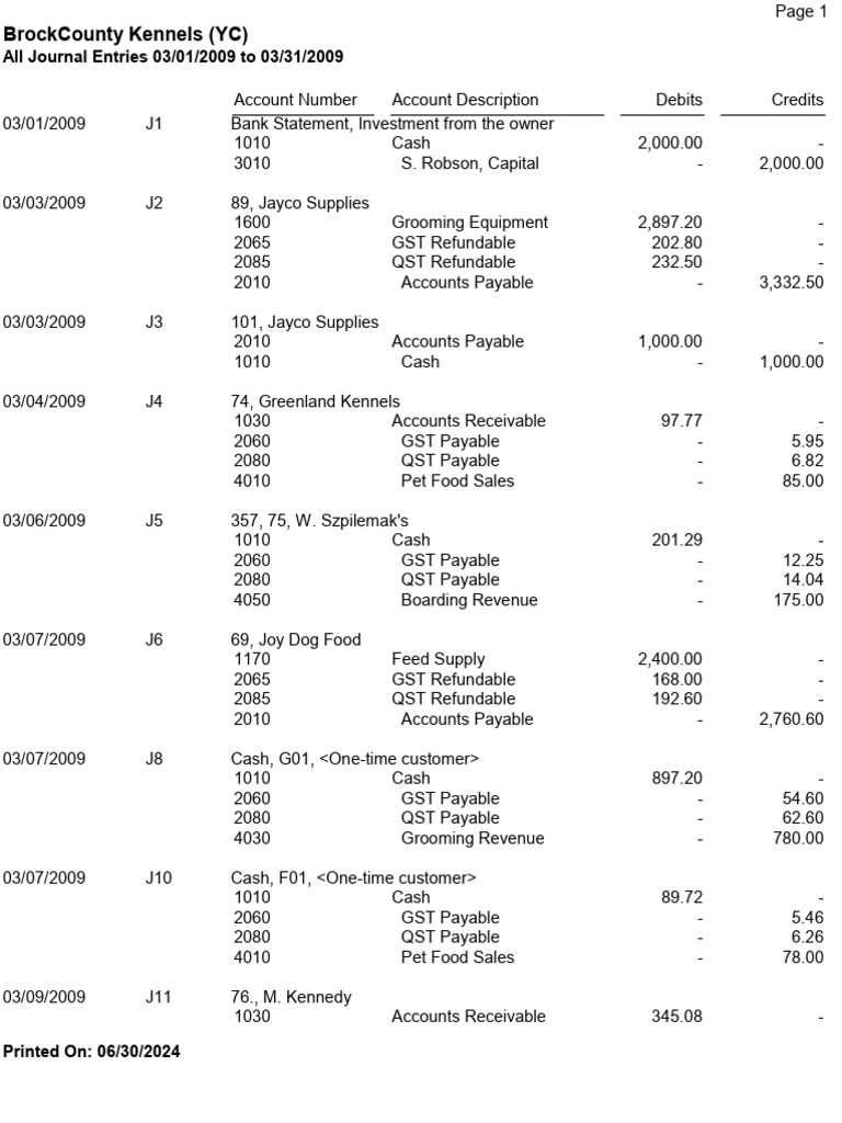 Brock County Kennels Journal Entries - All - 20240630 | PDF | Debits ...