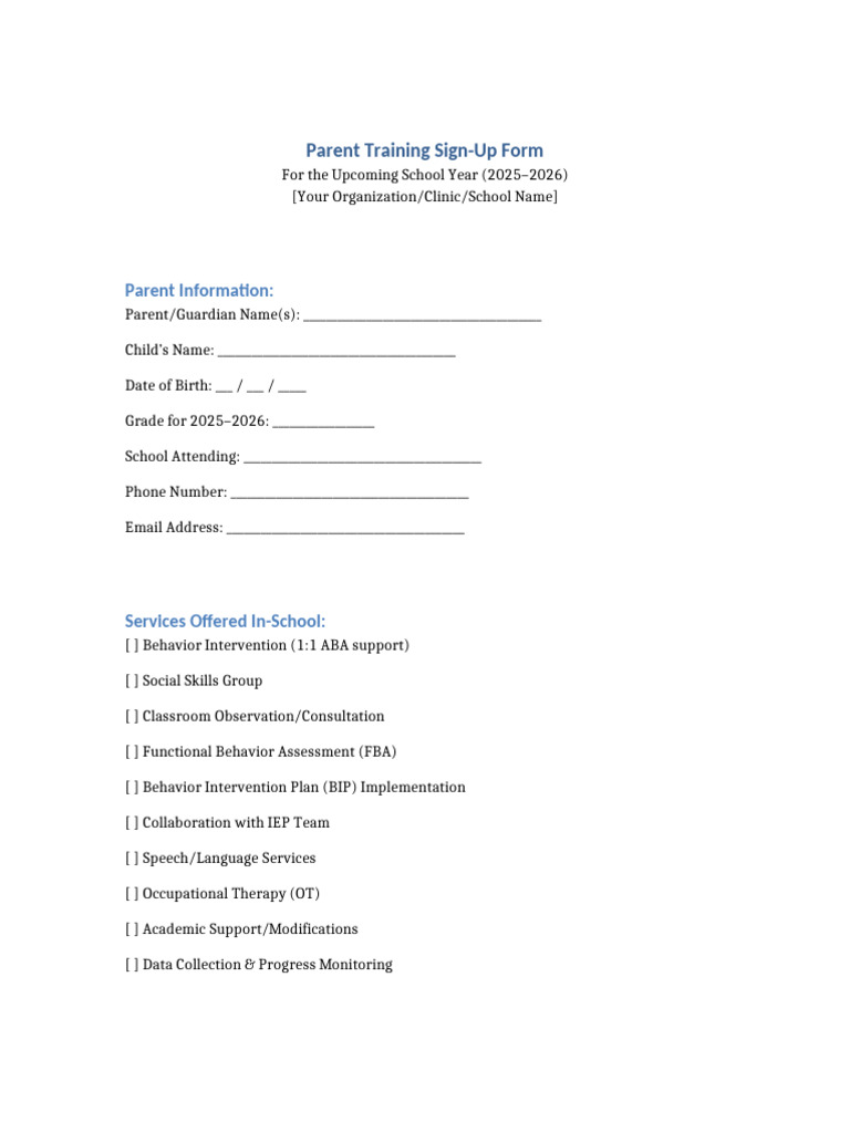 Parent Training Sign Up Form 2025-2026 | PDF