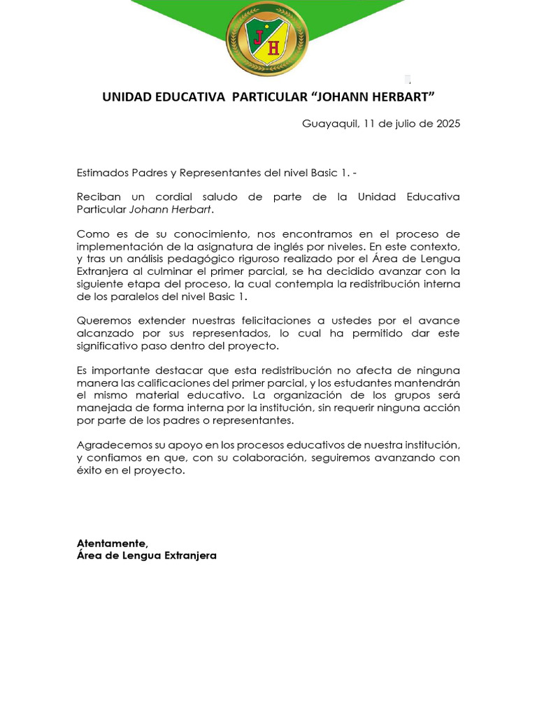 Comunicado Ingles Por Niveles | PDF