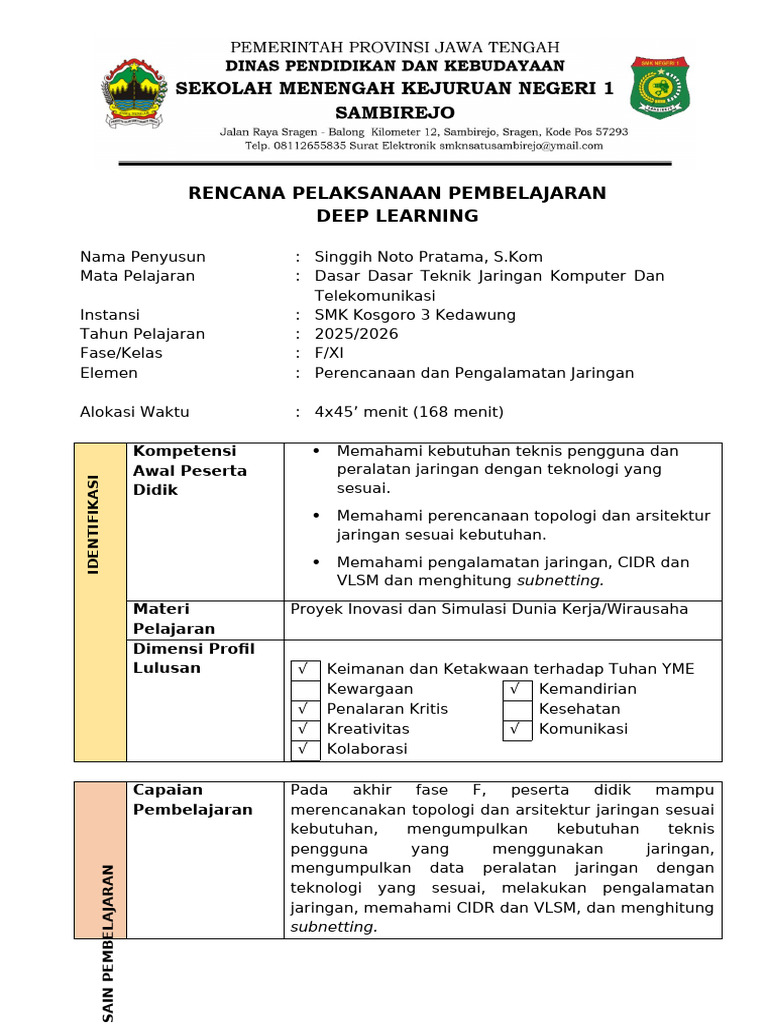 Format RPP Deep Learning - TKJ XI | PDF