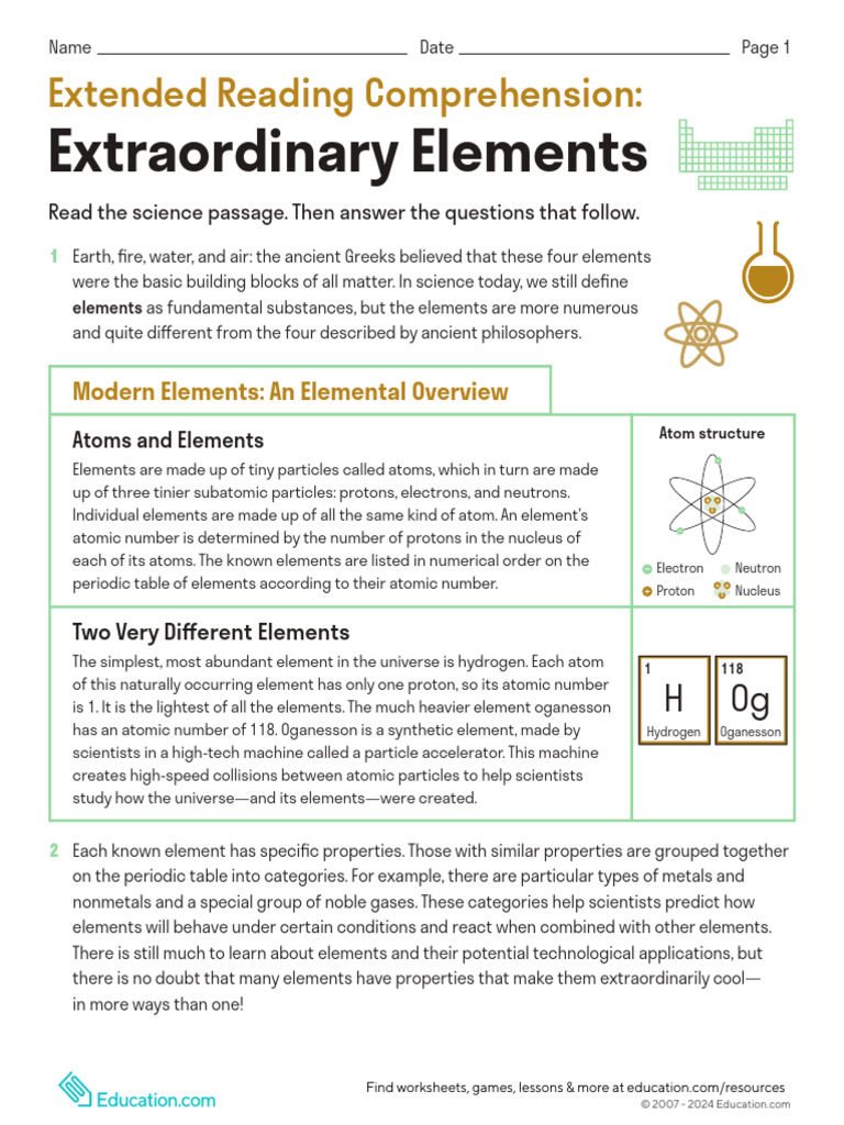 Extended Informational Reading Comprehension Extraordinary Elements | PDF | Chemical Elements ...
