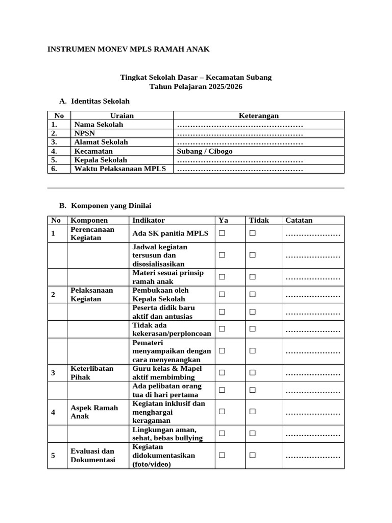 Instrumen Monev Mpls Ramah Anak | PDF